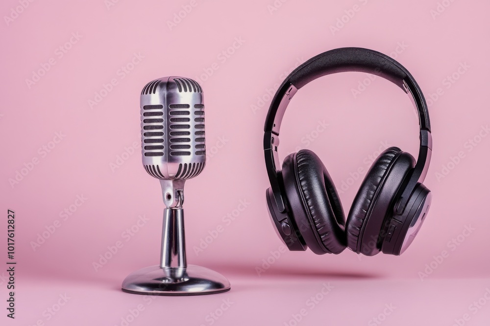 Aesthetic design of a classic microphone next to sleek headphones on a ...