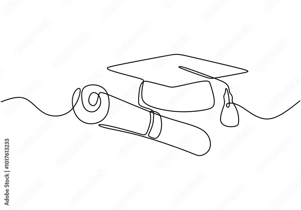 Graduation cap and rolled diploma in one continuous line drawing ...