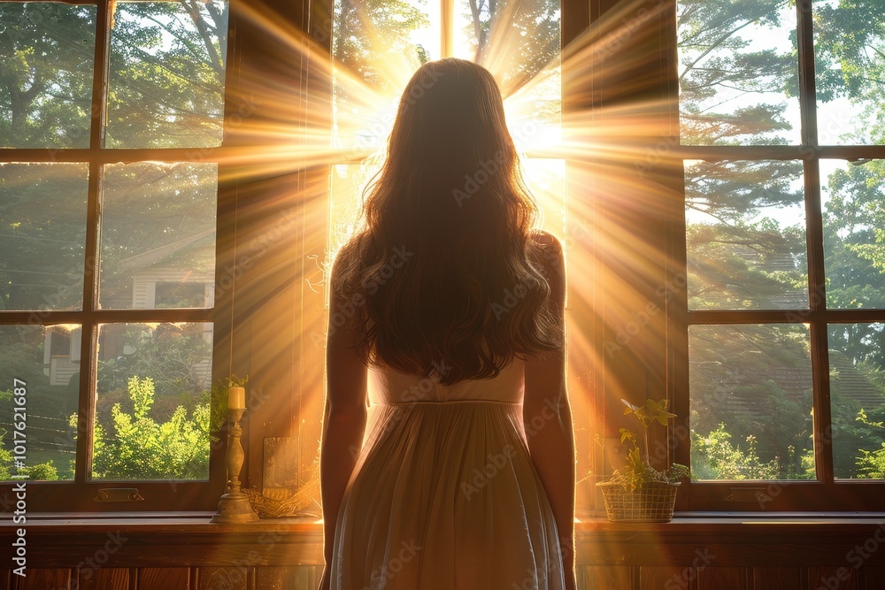 Silhouette of a nun in a church surrounded by radiant light streaming ...