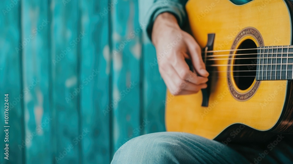 Old worn and weathered acoustic guitar with broken strings leaning ...