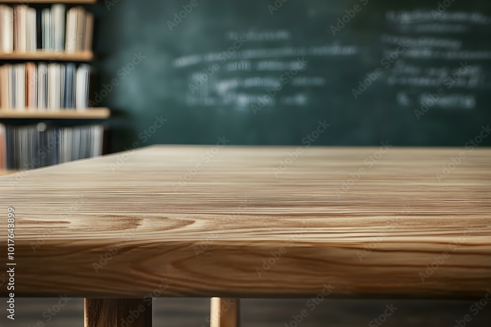 Wooden tabletop in a school classroom against a blackboard background ...
