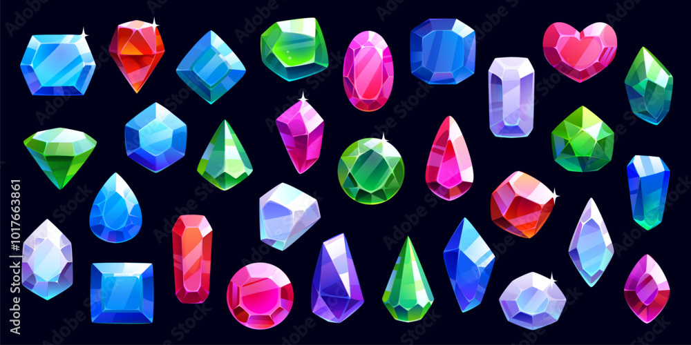 Cartoon crystal gems and jewelry, game asset. Vector jewels, magic ...