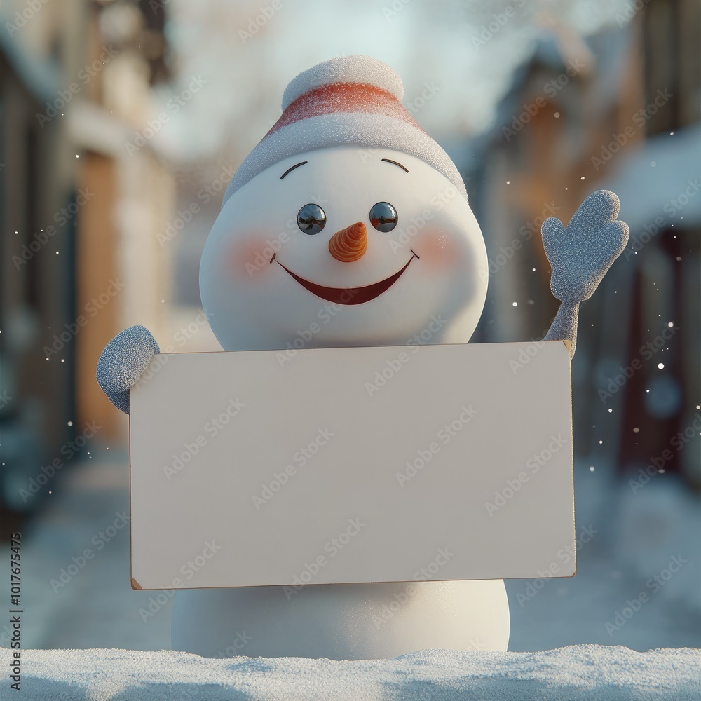render, cute snowman appearing, smiling, waving hand, blinking, holding ...