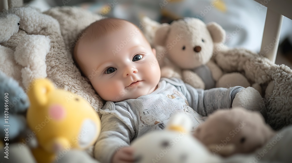 Realistic baby doll lying in a crib with a cozy blanket, surrounded by ...