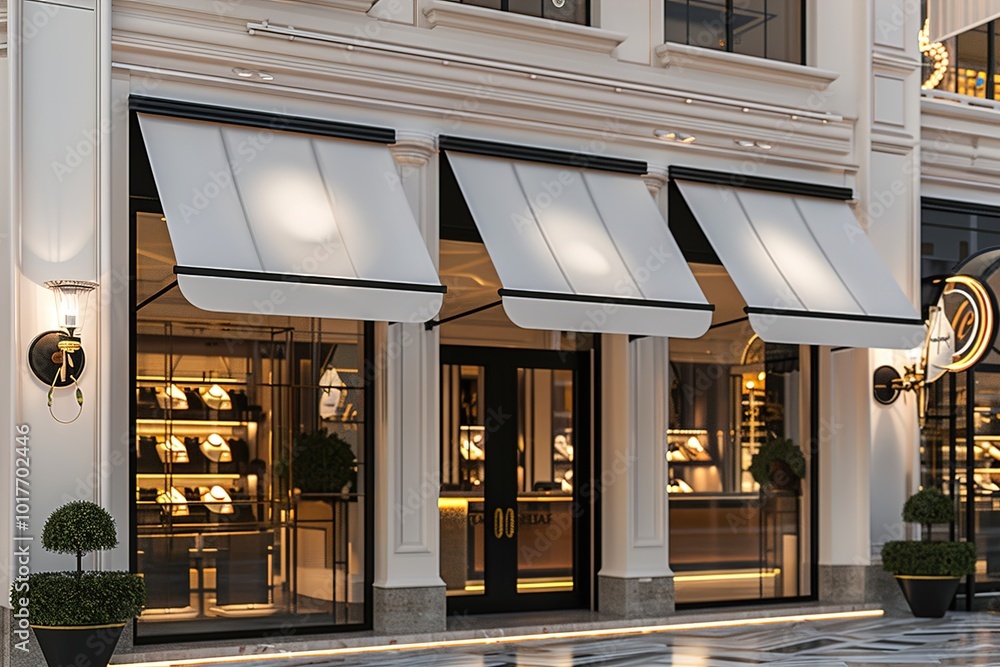 A luxurious storefront with custom signage and branded awnings ...