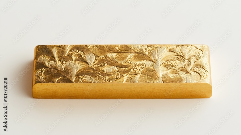 Shiny gold bar with a smooth, reflective surface and intricate etchings, displayed on a white ...