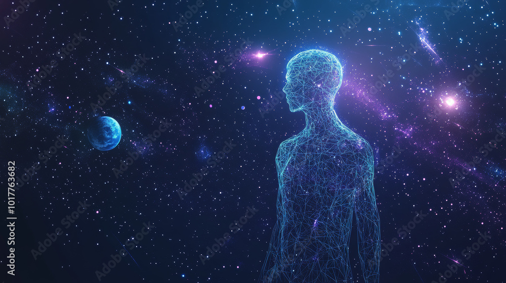 Starry sky design with a human figure, made up of points, lines, and ...