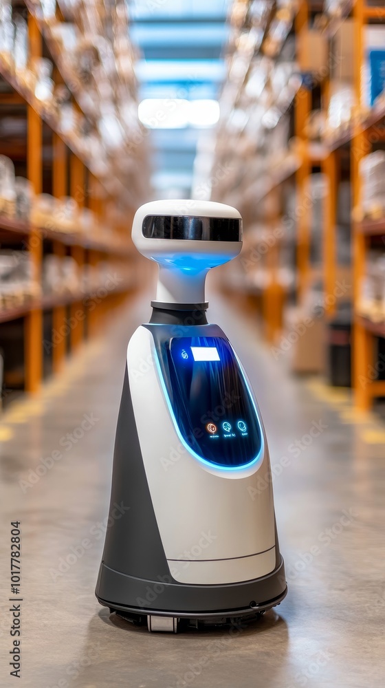 Sleek white autonomous robot with blue illumination navigating a modern warehouse aisle ...
