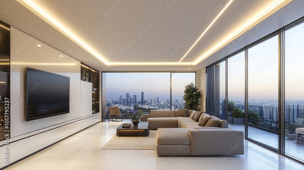Decorative recessed ceiling featuring a continuous line of LED strip ...