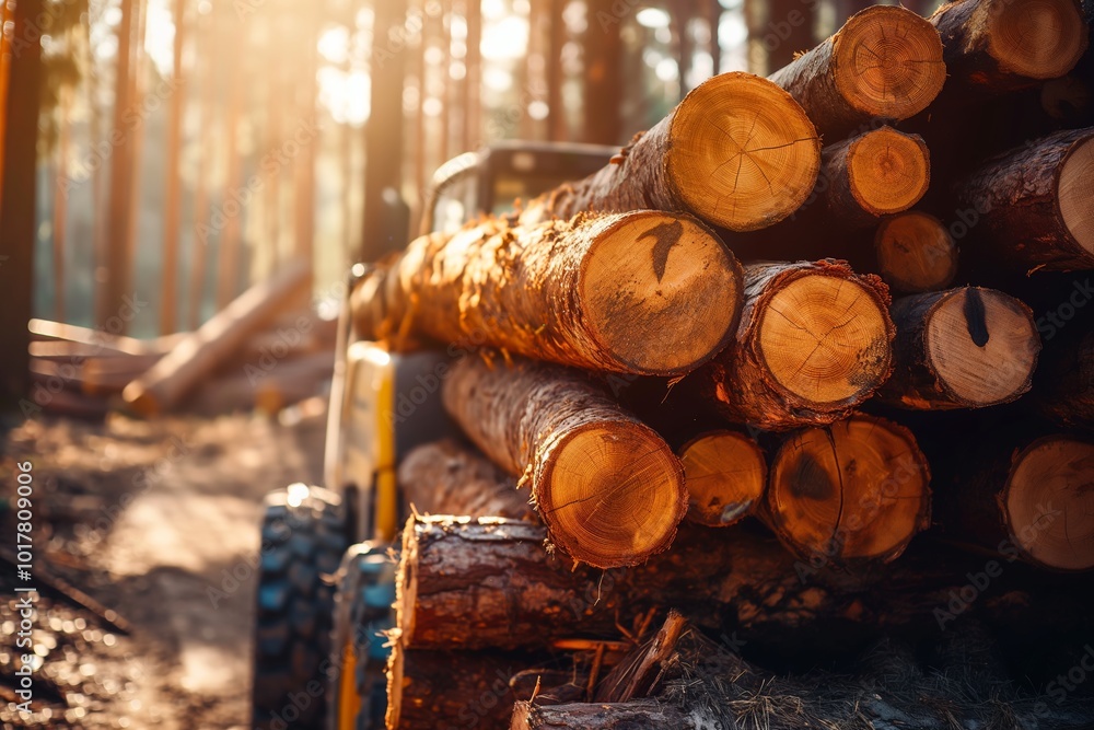 Close-up view of freshly cut logs stacked by a forest harvester ...
