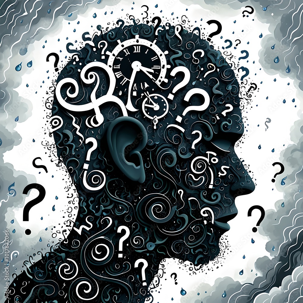 "Clouded Mind" portrays a silhouette surrounded by dark clouds filled ...
