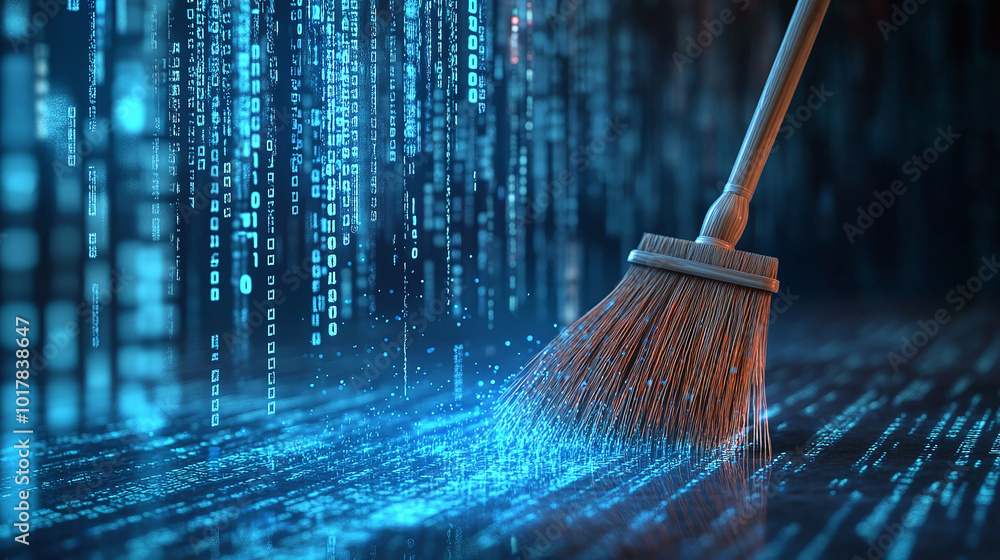 Digital concept of data cleansing with a broom sweeping away binary ...