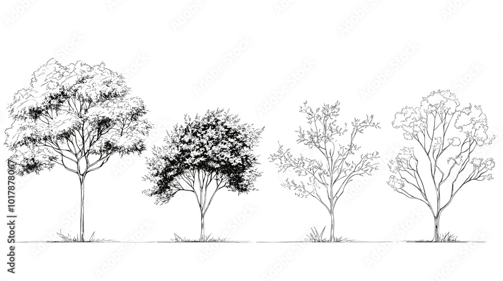 Architectural Drawings, Minimal style cad tree line drawing, Side view ...