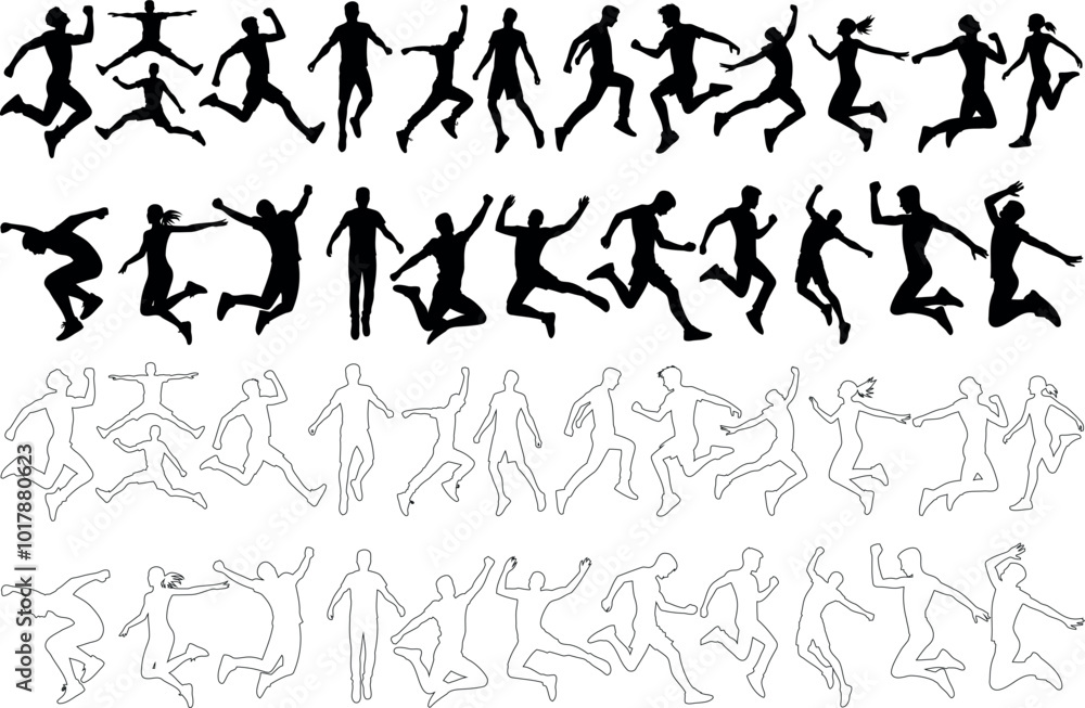 jump silhouette and line art vector illustration, dynamic, human ...