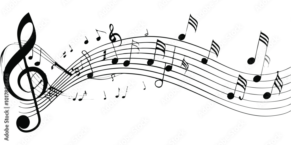 Musical note wave. Music notes melody on white background. Sheet music ...