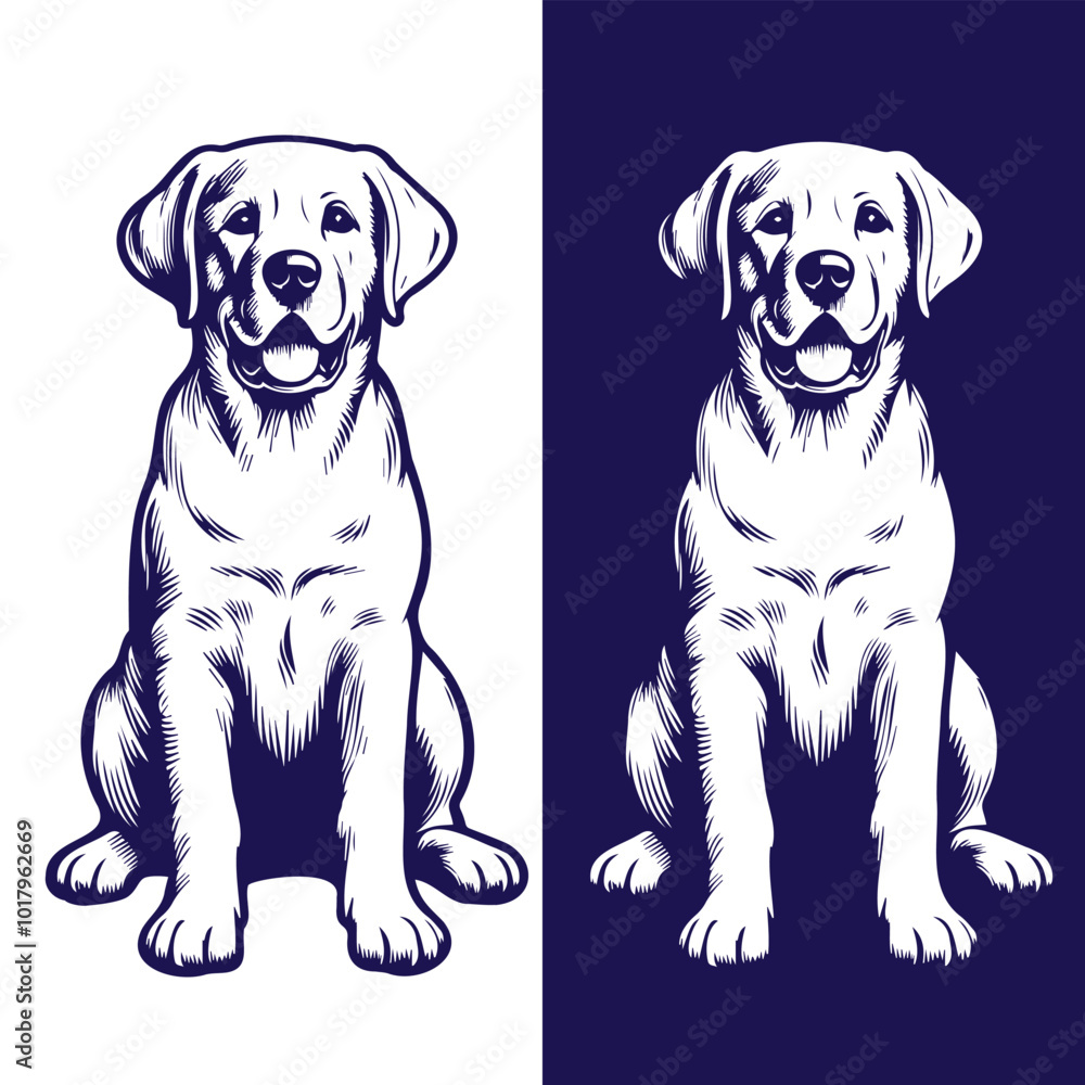 Labrador Retriever sitting pose silhouette vector outlines on white ...
