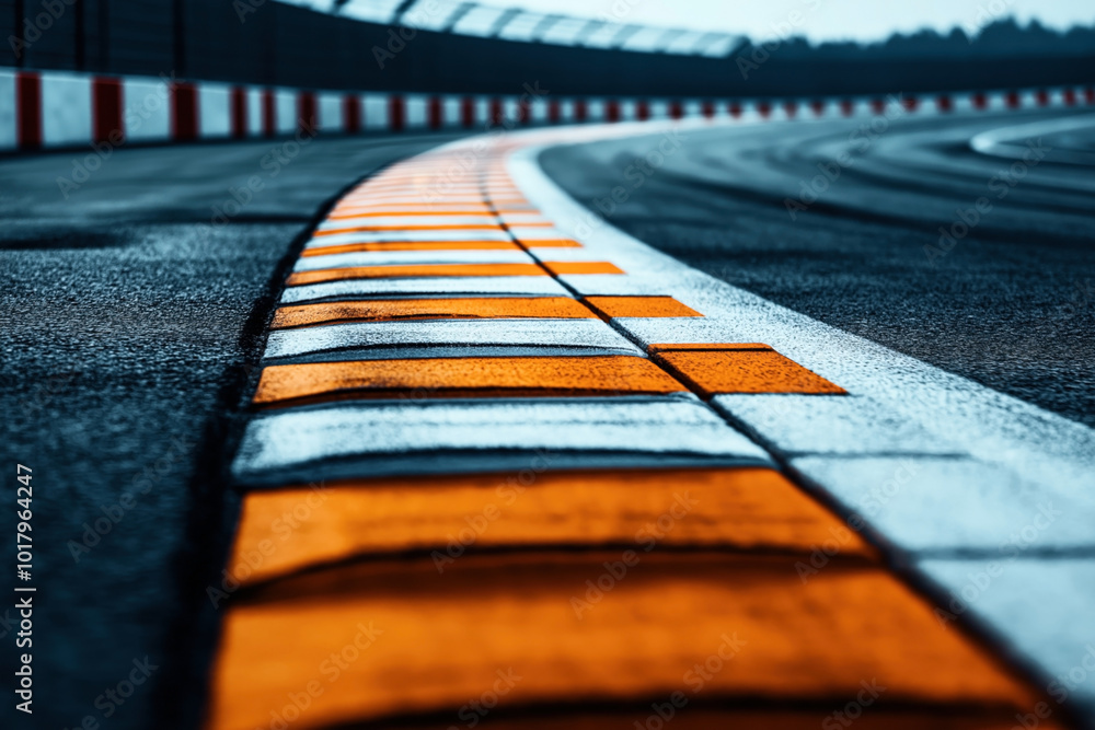 Close-up view of an asphalt racetrack showing the curbs with orange and ...