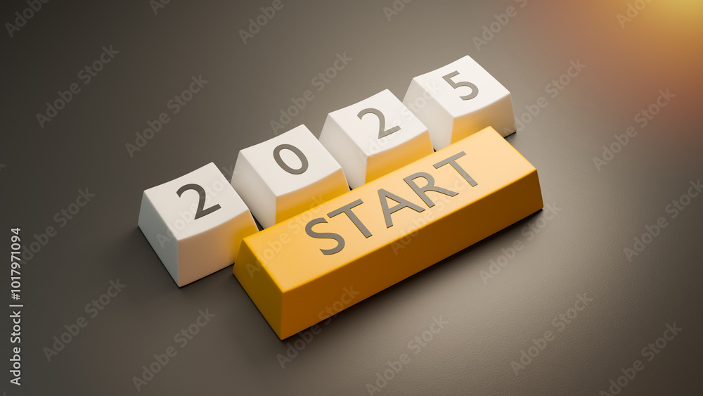 Start 2025. Buttons with next year number. Keyboard with numbers 2025 ...