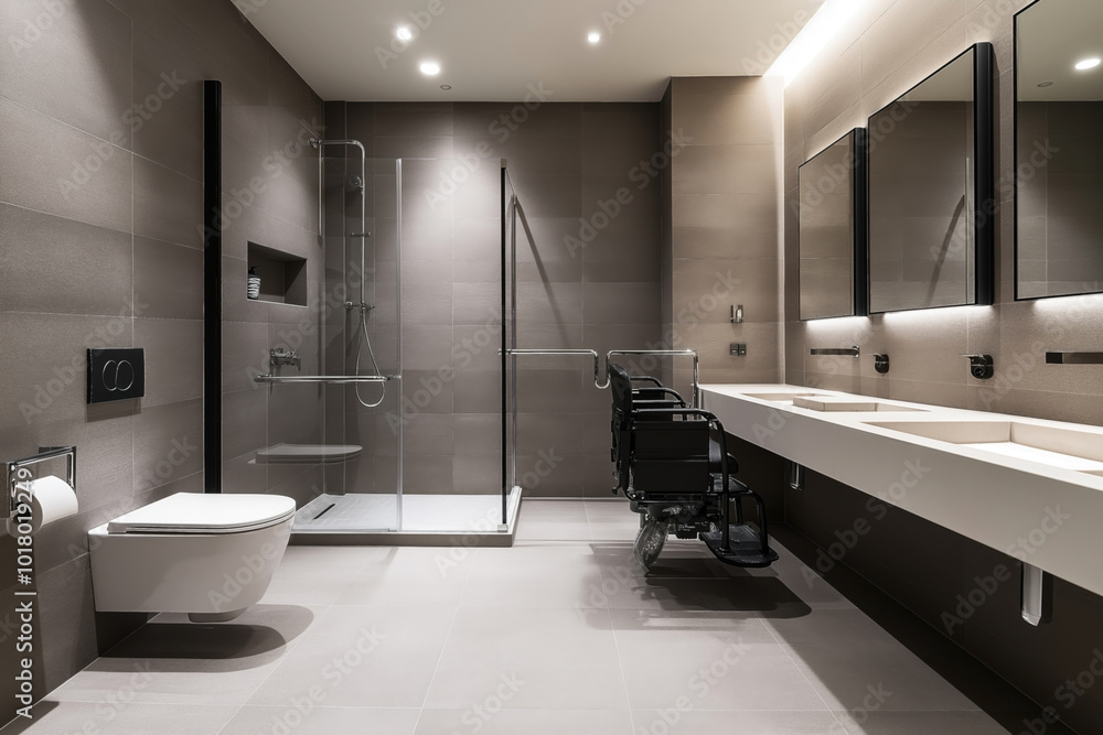 Modern, spacious, and accessible bathroom featuring a walk-in shower ...