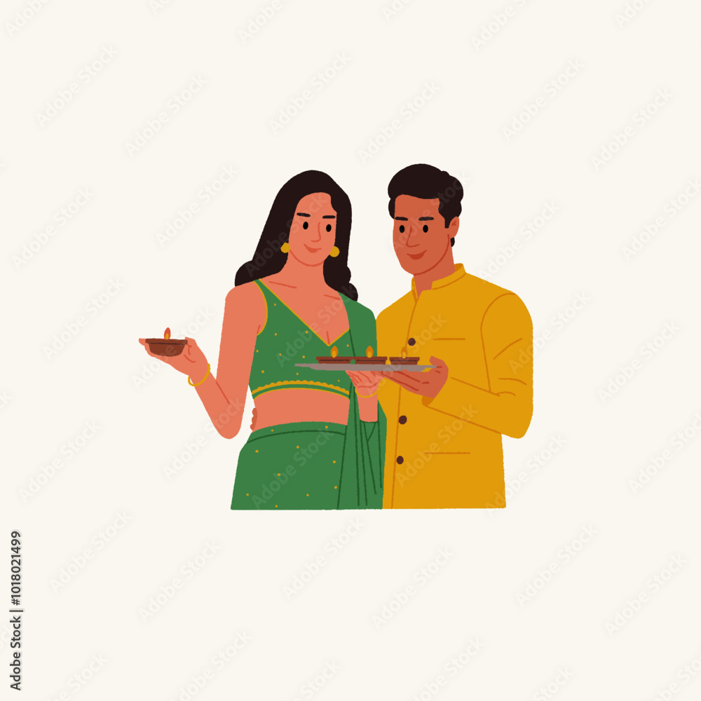 Indian couple celebrating Diwali Festival Diyas vector illustration ...