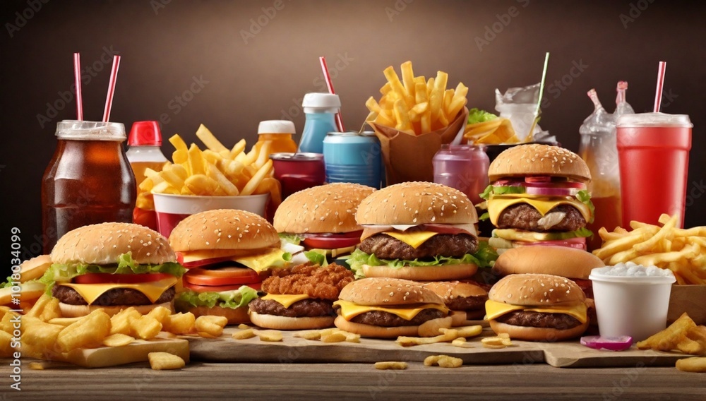 Fast food delivery menu background with various burgers, cheeseburger ...
