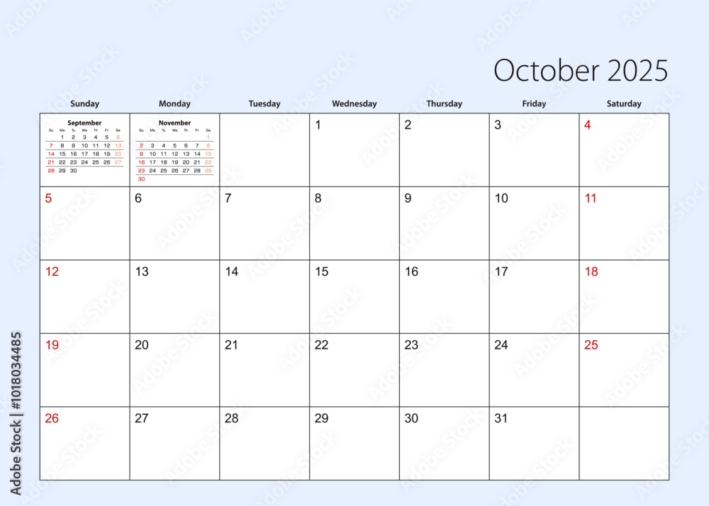 เวกเตอร์ Stock Wall calendar planner for October 2025. English language ...
