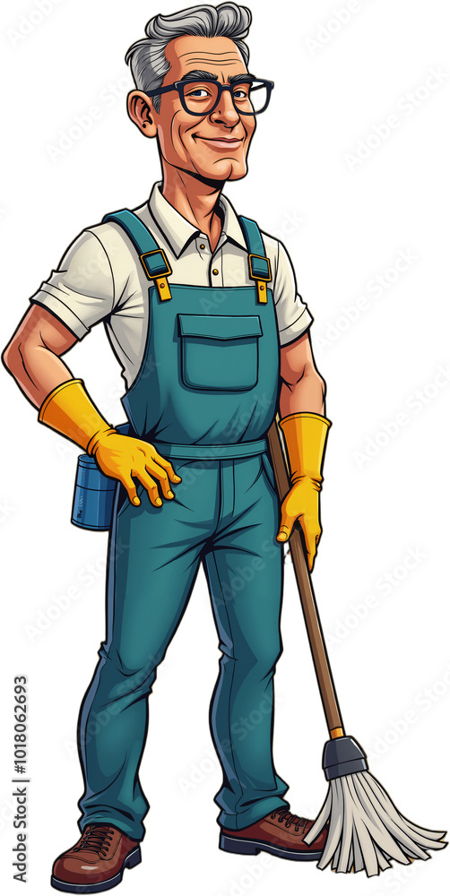 Cartoon illustration of a man dressed as a janitor, wearing overalls ...