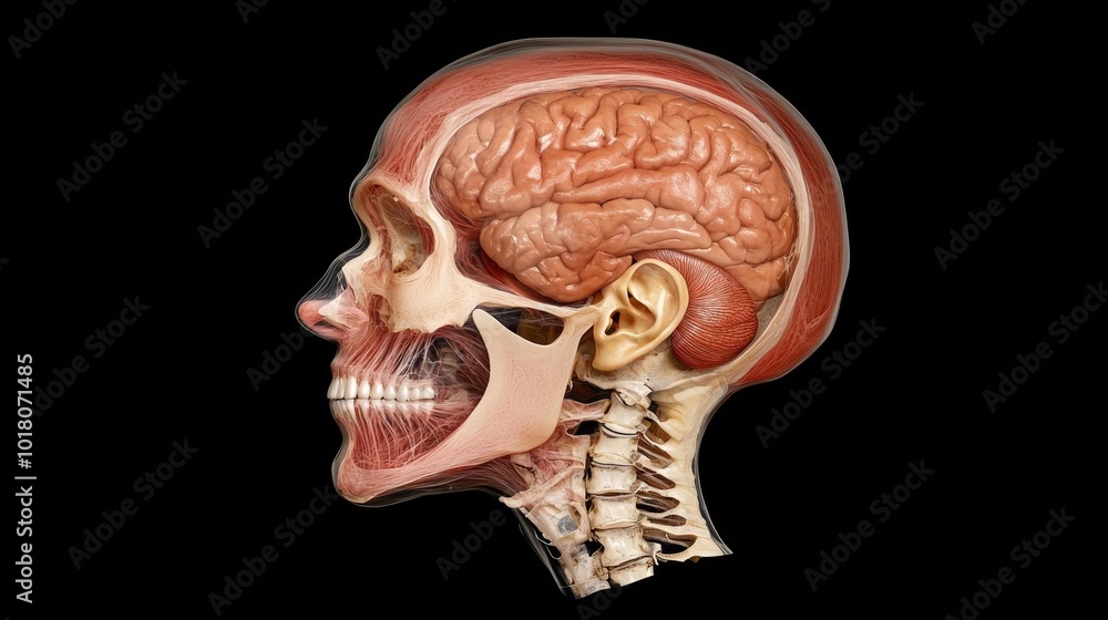 Detailed human skull anatomy with brain, muscle, and skeletal features ...