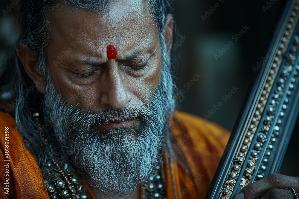 Indian musician in traditional attire playing a string instrument with ...