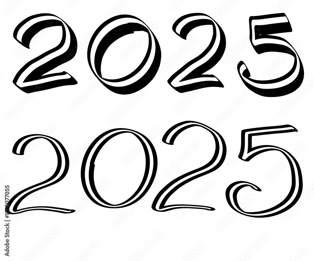 2025 new year numbers. Hand drawn numbers with marker or pen. Double ...