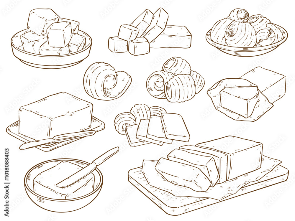Collection of outline drawing dairy product butter vector food ...