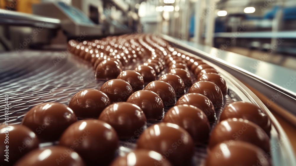 Chocolate candy moving on conveyor belt in a chocolate factory Stock ...