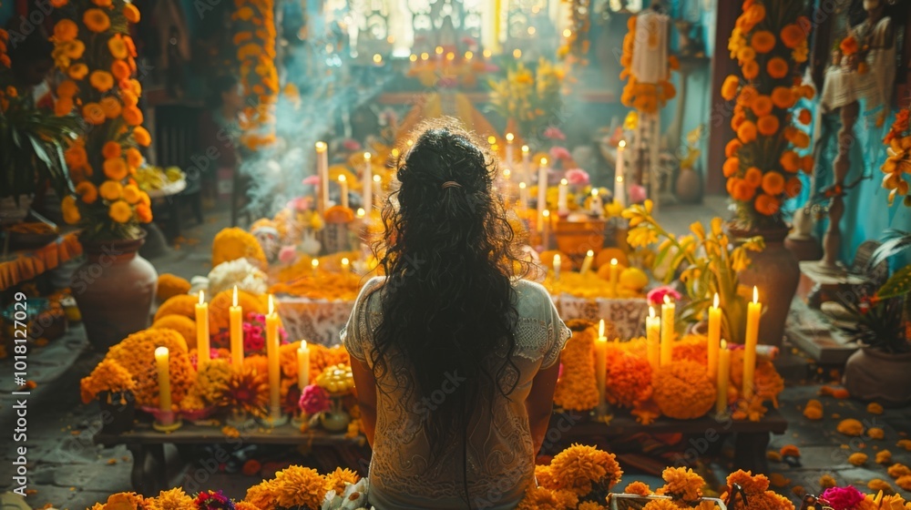 Dia de los Muerto, Mexican holiday. woman admiring her completed ...