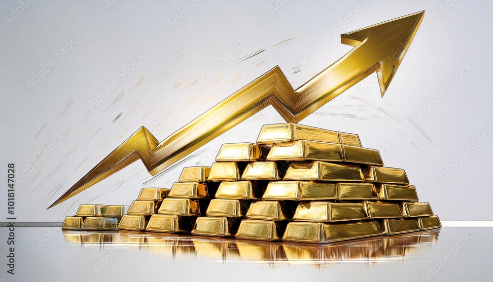 golden upward-trending arrow curving over a pyramid of gold bars ...