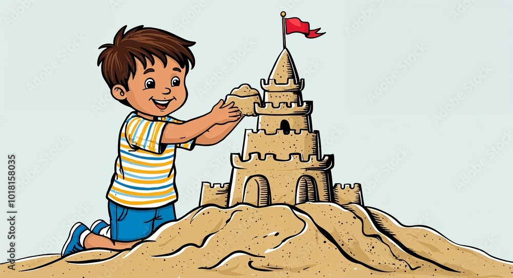Hand drawing clipart of a boy building sandcastle on plain white ...