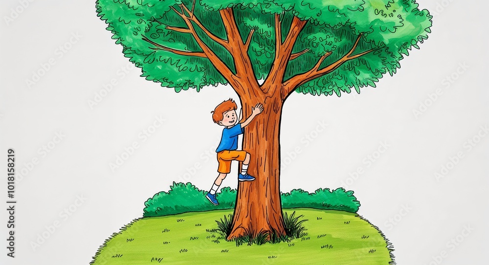 Hand drawing clipart of a boy climbing tree in yard on plain white ...
