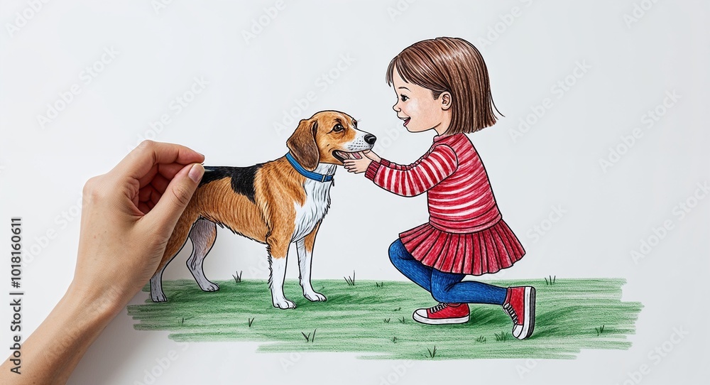 Hand drawing clipart of a girl playing with her dog on plain white ...