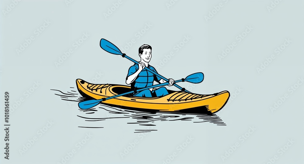 Hand drawing clipart of a man paddling kayak on river on plain white ...
