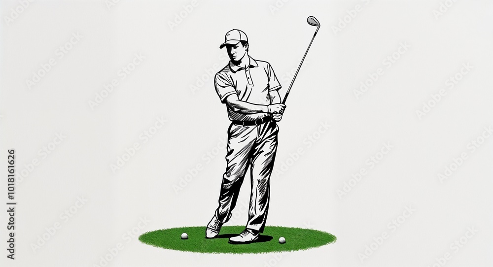 Hand drawing clipart of a man playing golf with club on plain white ...