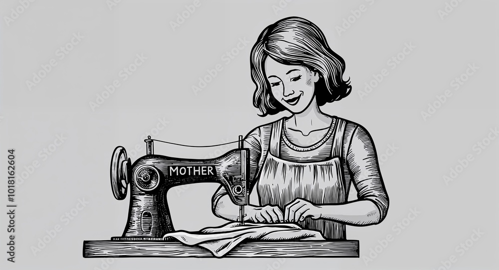 Hand drawing clipart of a mother sewing clothes at machine on plain ...