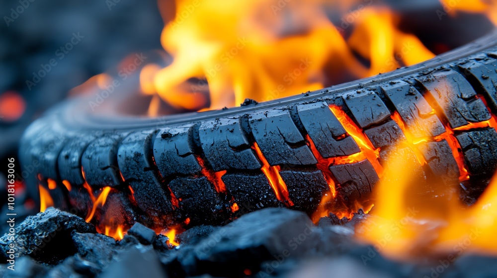 Closeup of a tire melting in the heat of a fire, blackened rubber ...