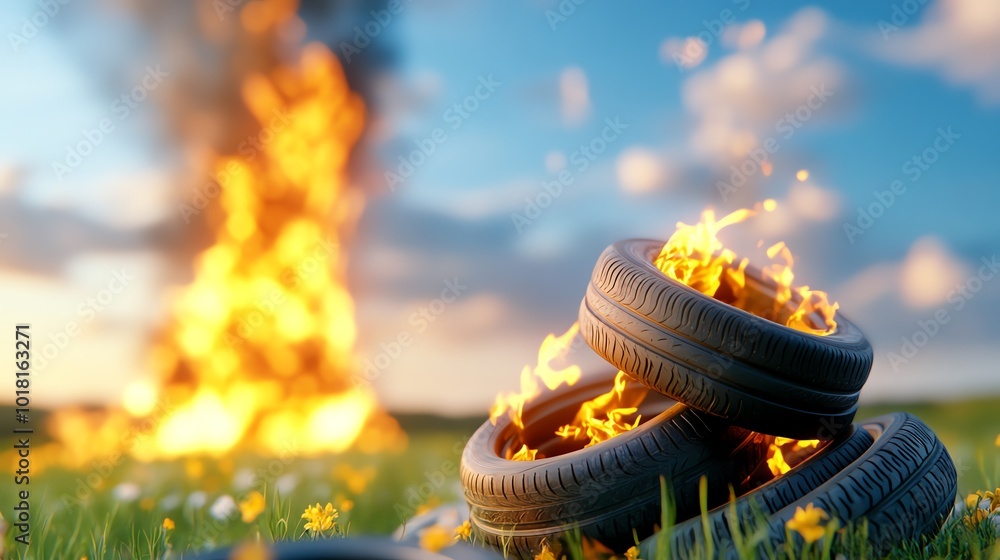 Pile of tires burning in an open field, with intense flames and smoke ...