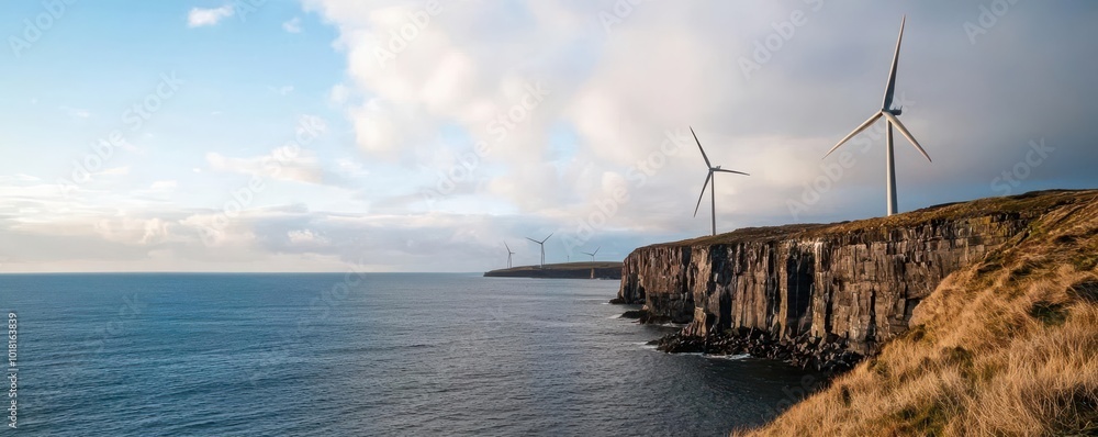 Offshore wind farms next to wild rocky cliffs in the middle of a stormy ...