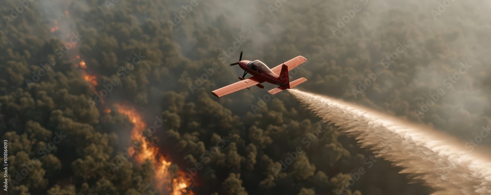 Rescue firefighting aircraft releasing water over a burning forest ...