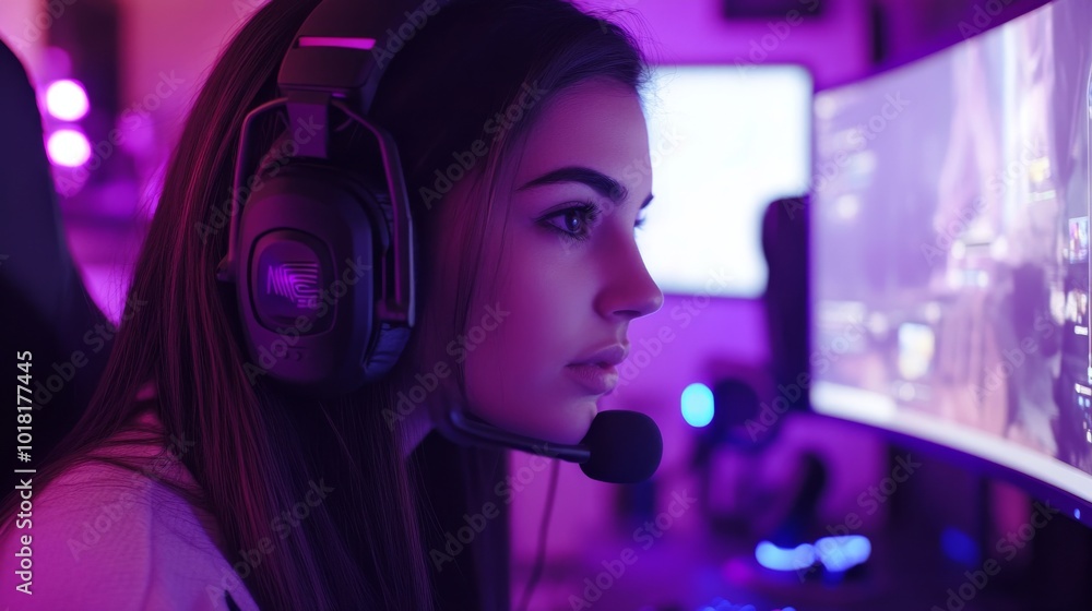 Woman live streaming her video game session in a high-tech gaming room ...