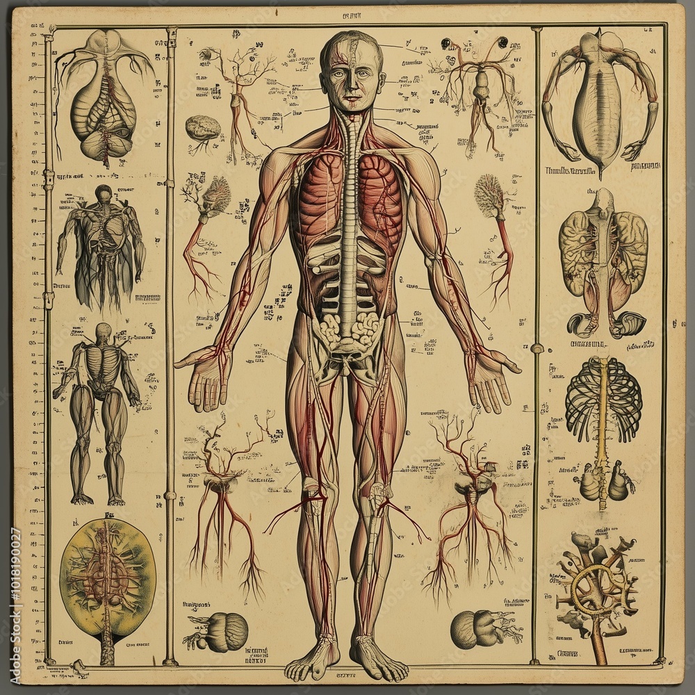 Vintage anatomical chart showing the human body with muscle structure ...