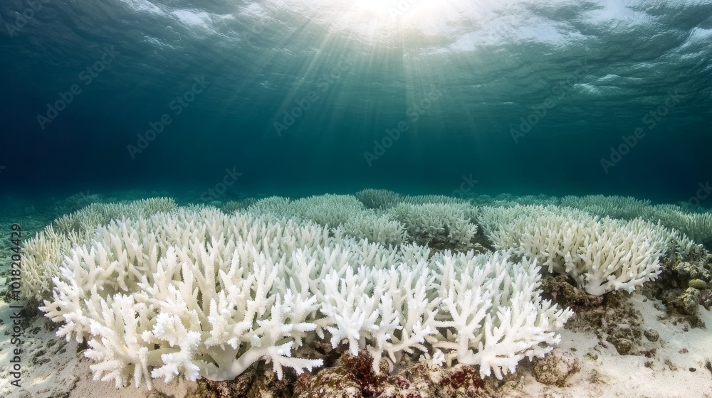 An underwater scene depicting a coral reef impacted by bleaching ...