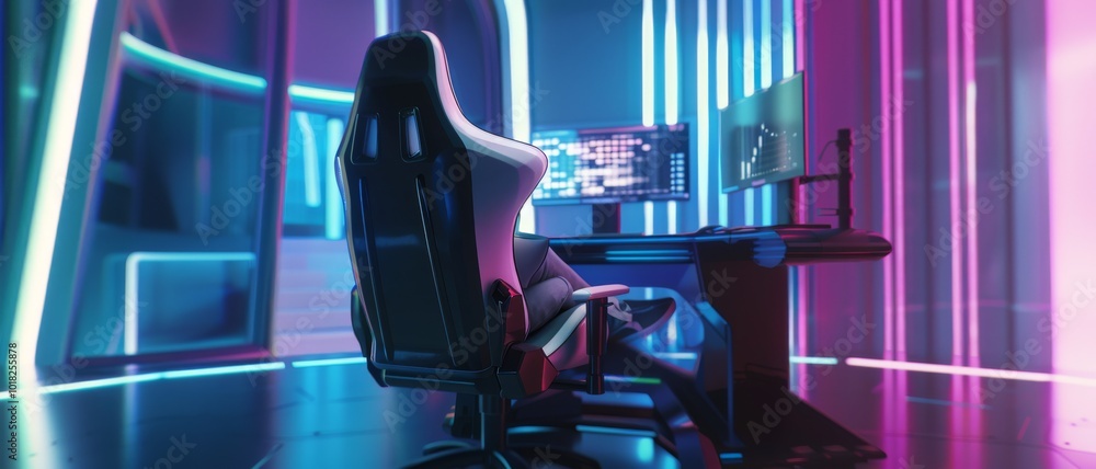 A sleek gaming setup with neon lighting showcases an ergonomic chair and dual monitors, creating ...