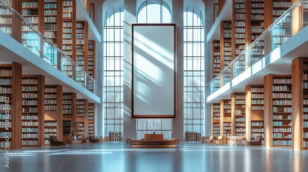 Modern public library interior with a towering digital information ...