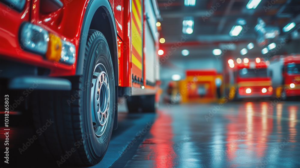 A fire station garage with a fire truck in view. Emergency vehicle ...